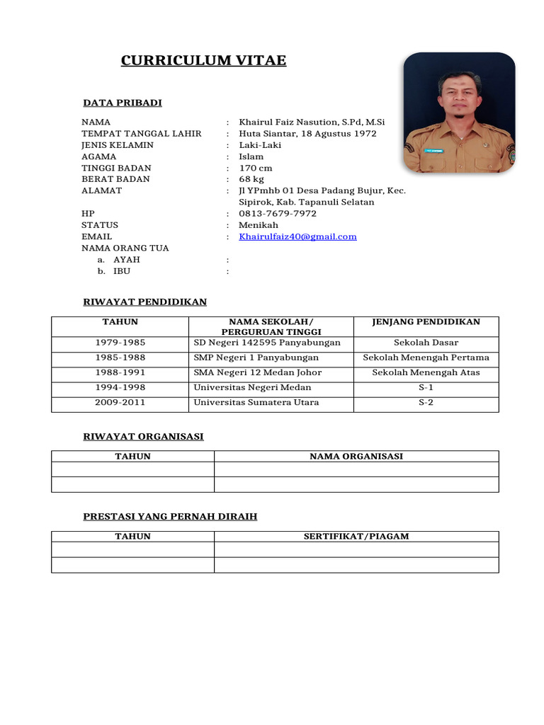 CV Khairul Faiz Nasution, S.Pd, M.Si | PDF