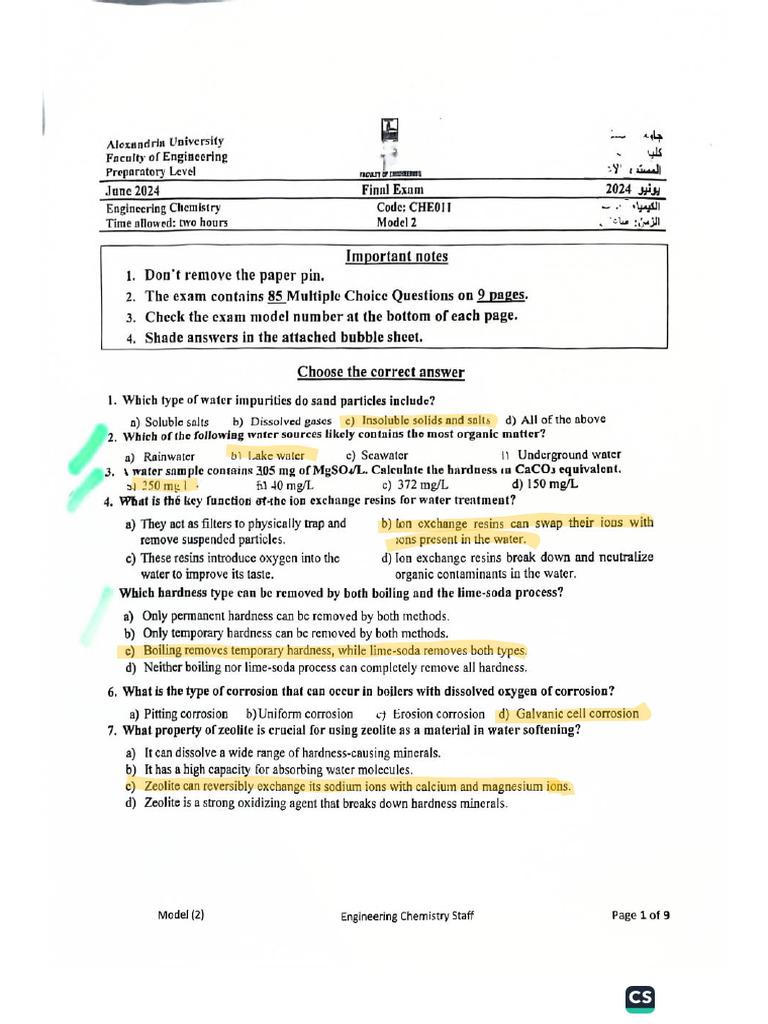 Chemistry Final Exam Spring 2024 (Completed) Solution | PDF