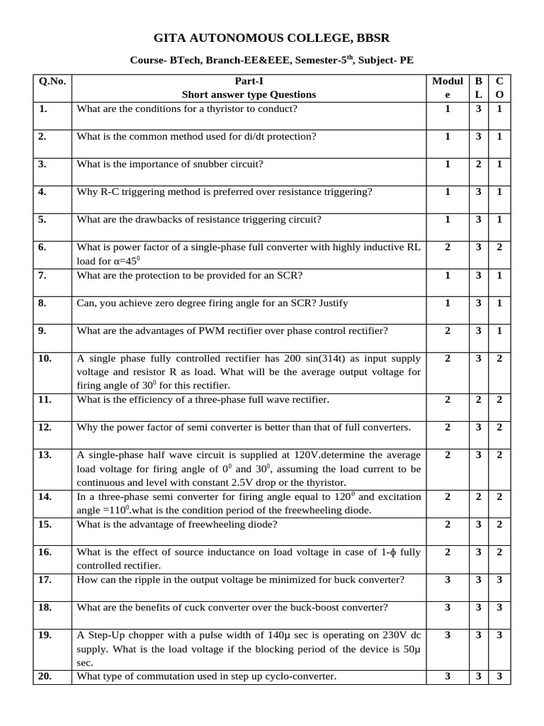 PE Question Bank (5th EE&EEE) - 2025 | PDF | Rectifier | Power Inverter