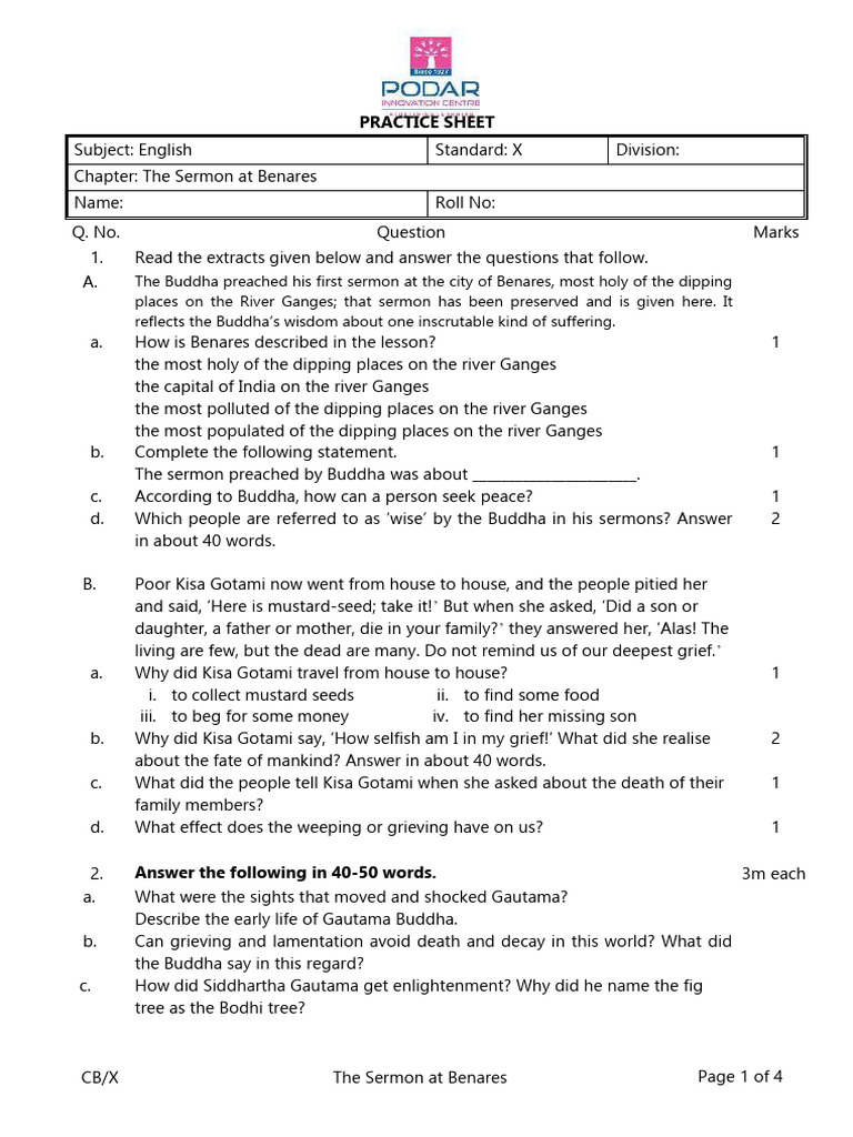 Buddha's Sermon at Benares Practice Sheet | PDF