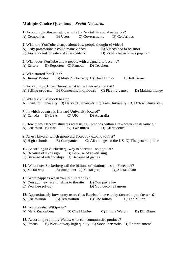 Social Networks Multiple Choice Questions | PDF