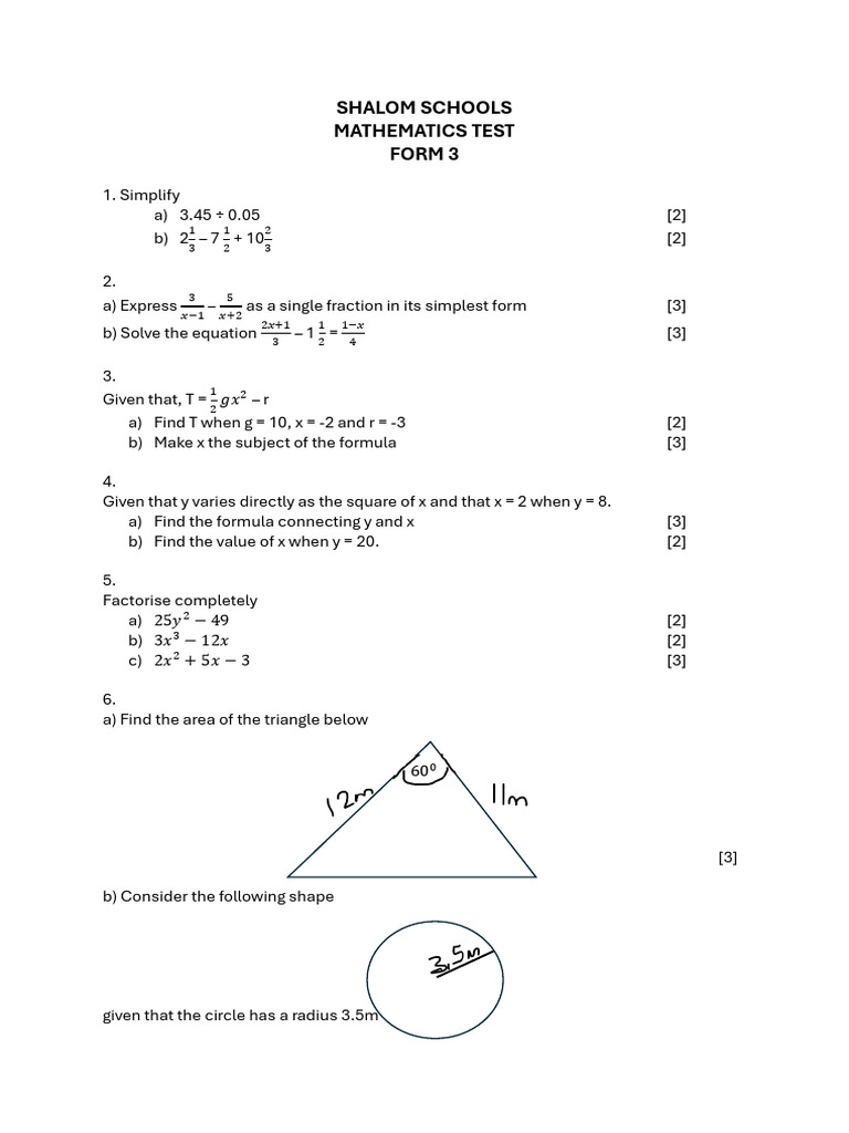 Form 3 Math Test | PDF