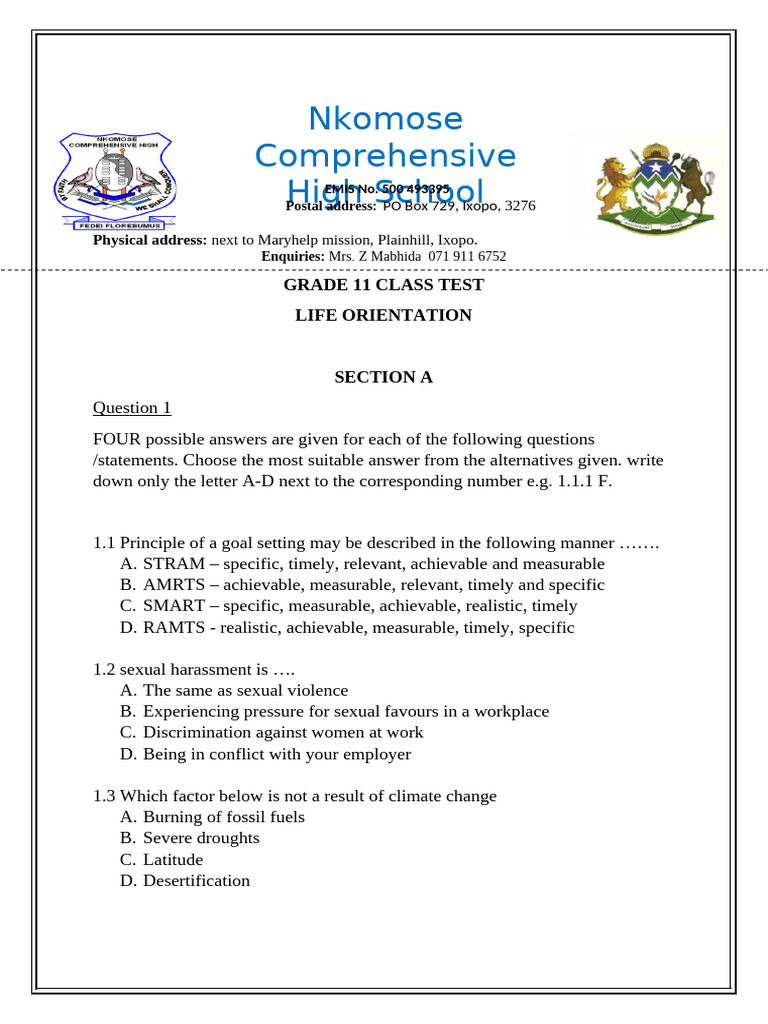 Grade 11 Life Orientation Test Guide | PDF | Climate Change | Earth ...