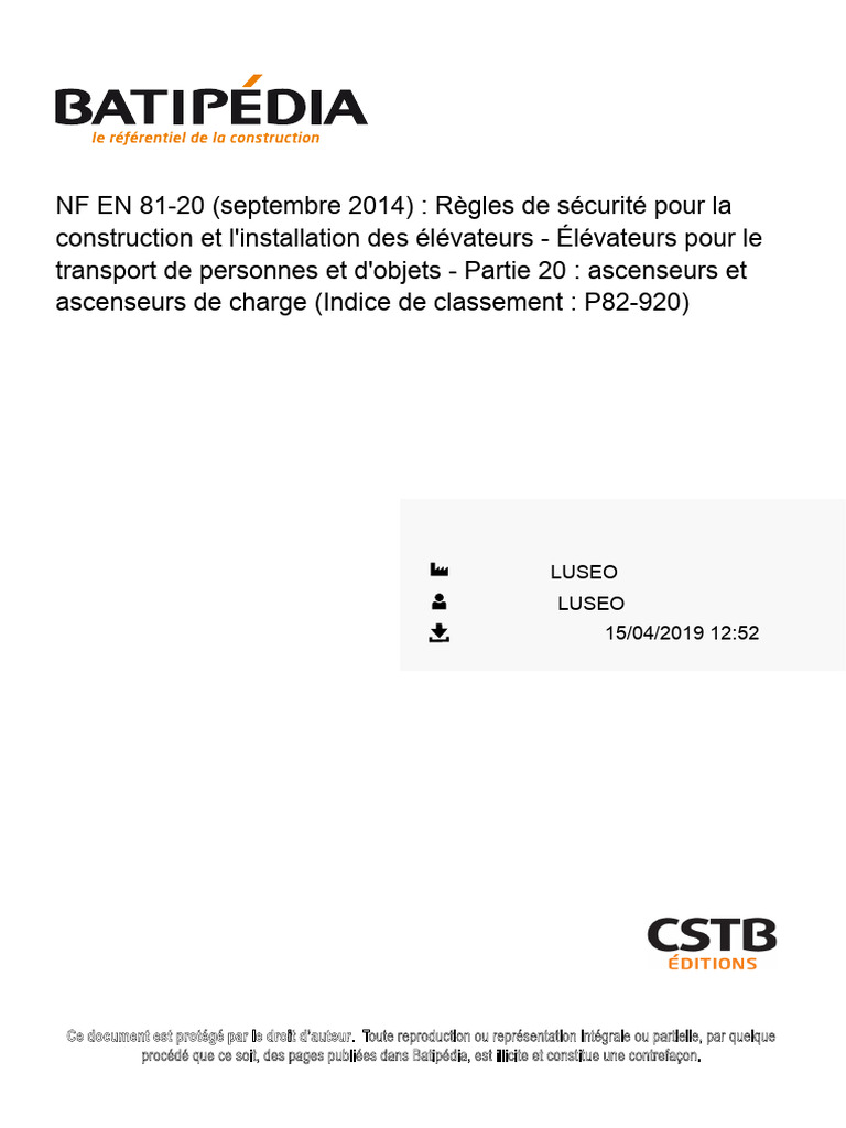 Norme NF EN 81-20 : Sécurité ascenseurs | PDF | Ascenseur