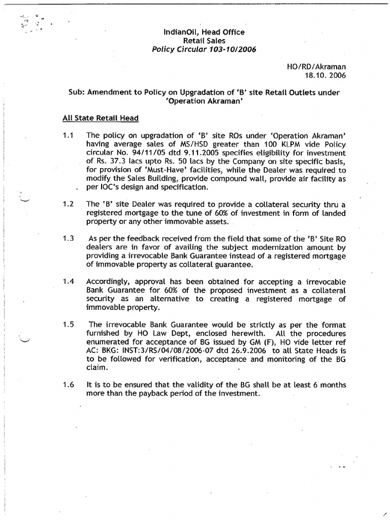 103 - Amendment To Policy On Upgradn of B Site Ro Under 'Opn Akraman-18 ...