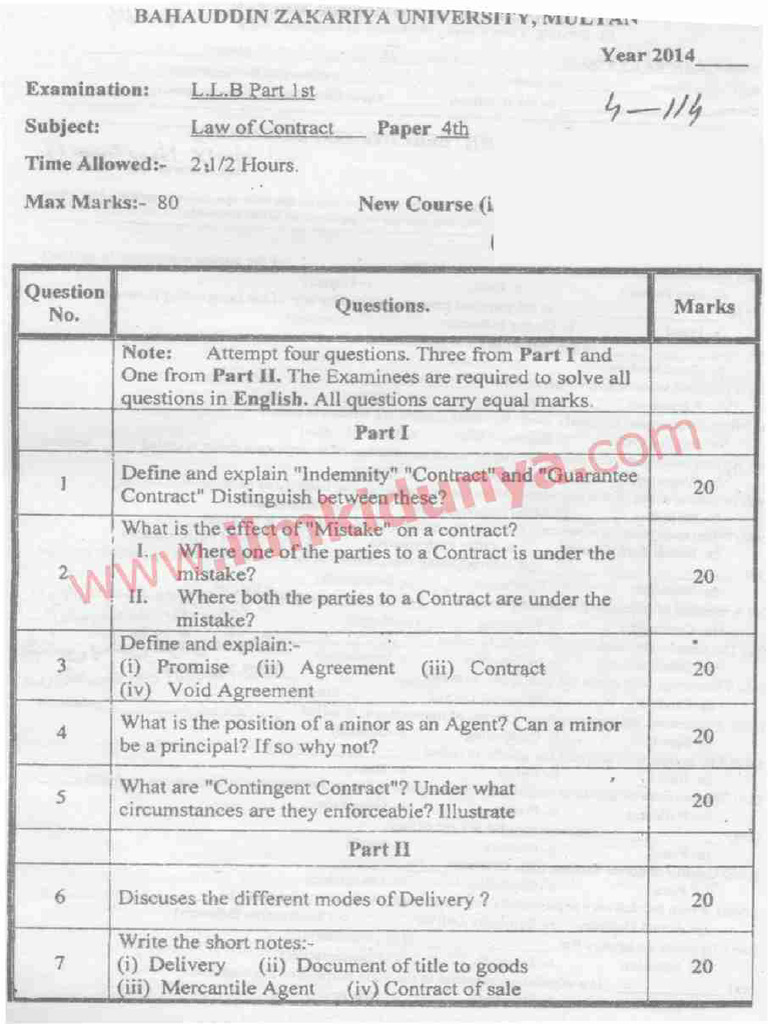 Past Papers 2014 BZU LLB Part 1 Law of Contract Subjective | PDF