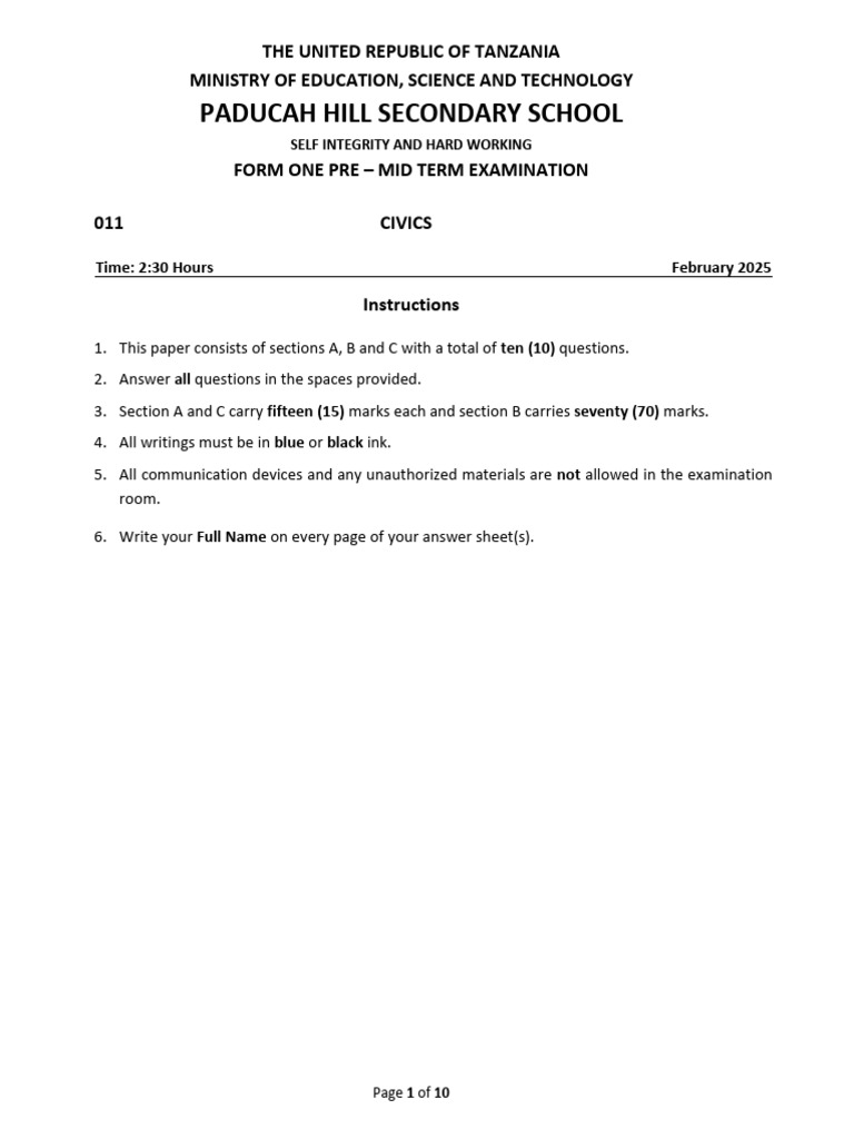 Civics Form One Pre Mid Term2024edt | PDF