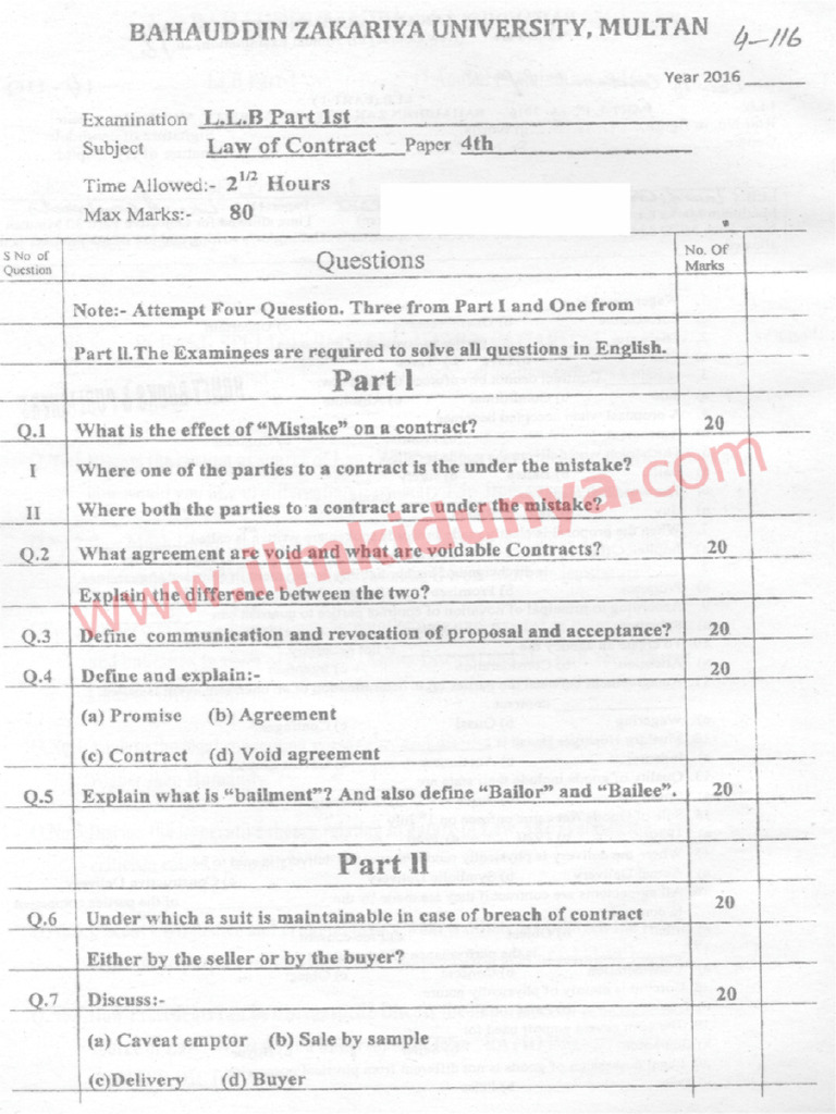 Past Papers 2016 BZU LLB Part 1 Law of Contract Subjective | PDF