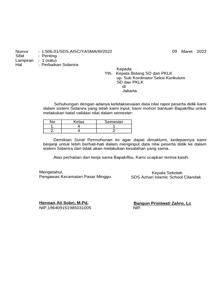 Permohonan Perbaikan Nilai Sidanira | PDF
