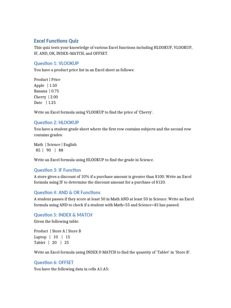 Excel Functions Quiz: Test Your Skills | PDF