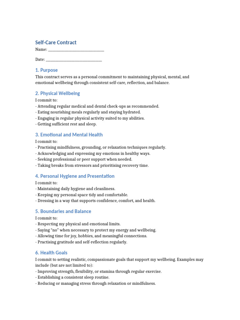 Self-Care Commitment Contract Template | PDF