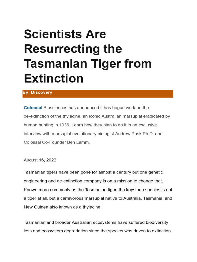 Reviving the Tasmanian Tiger | PDF | Extinction | Natural Environment
