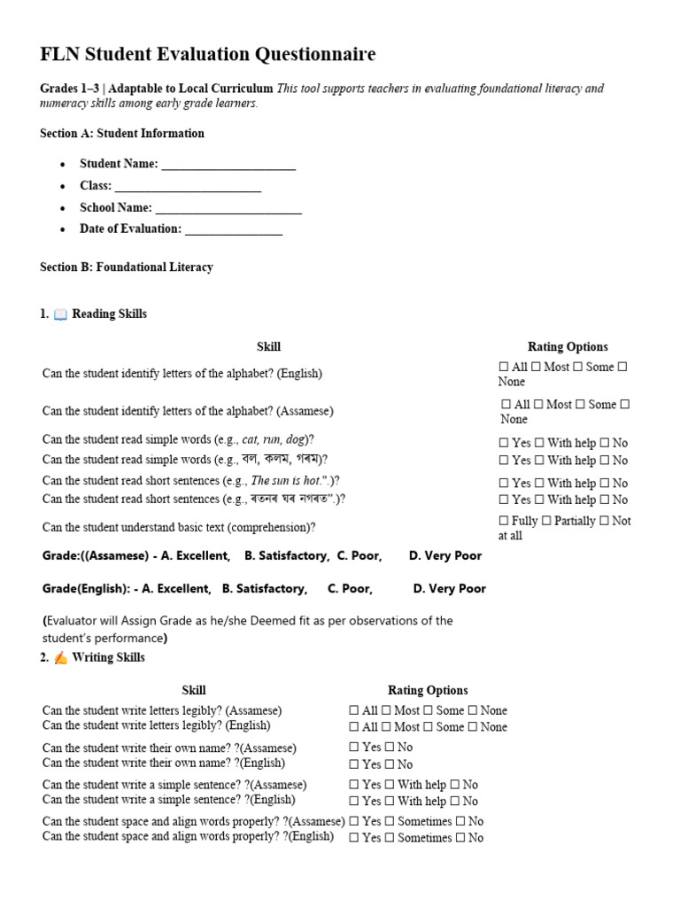 FLN Student Evaluation Questionnaire | PDF | Literacy | Behavior ...