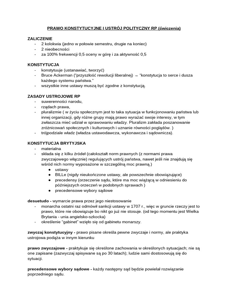 Prawo Konstytucyjne I Ustrój Polityczny RP (Ćwiczenia) | PDF