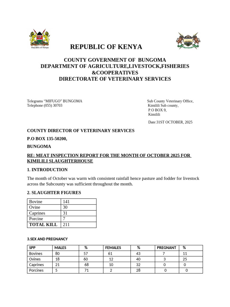 October 2025 Meat Inspection Report for Kimilili Slaughterhouse | PDF ...