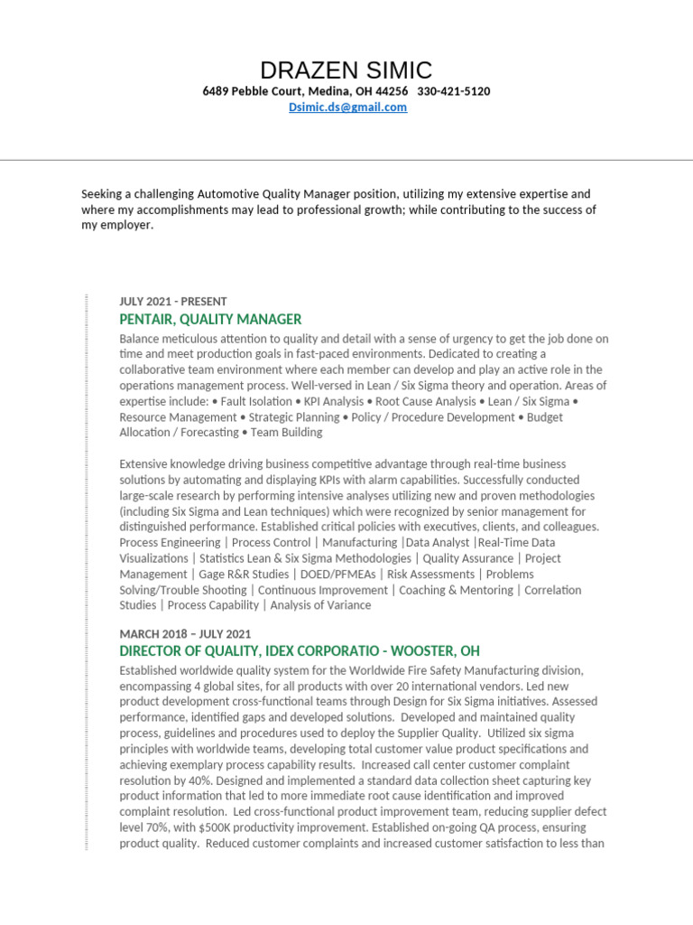 Automotive Quality Manager Resume | PDF | Quality Assurance | Six Sigma