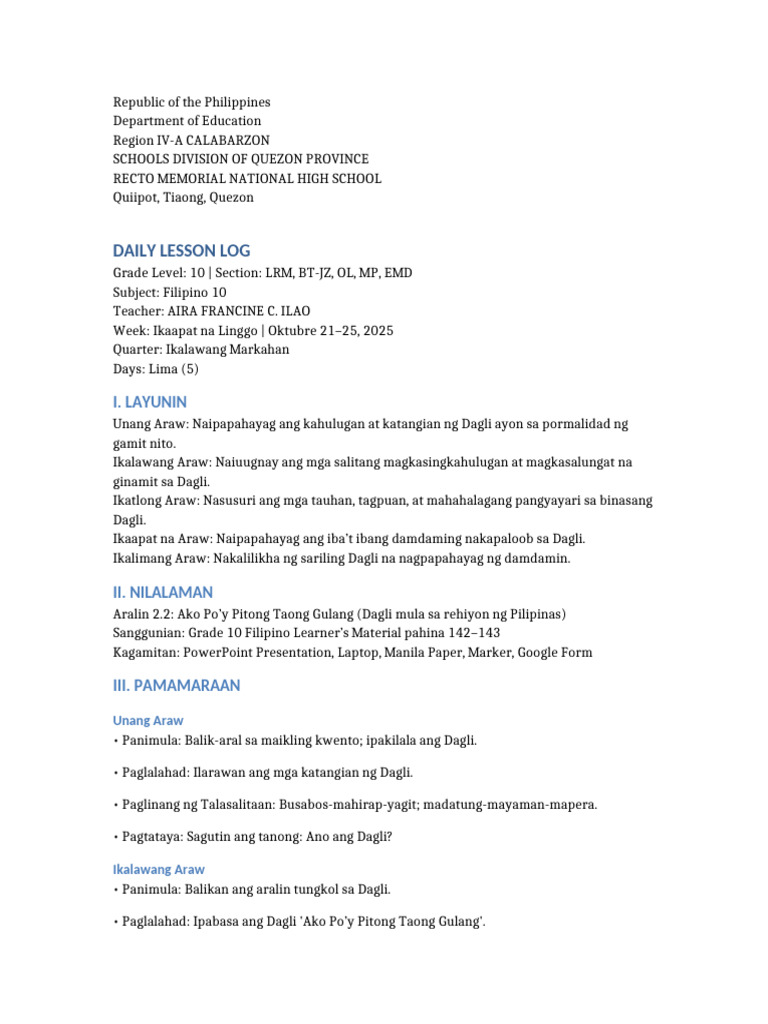 DLL Filipino10 Aralin2.2 AIRA ILAO | PDF