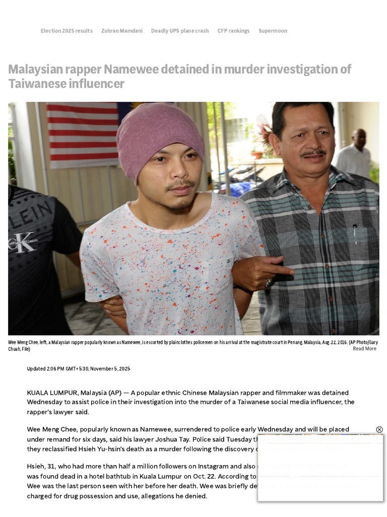 Malaysian Rapper Detained in Connection With Murder of Taiwanese Influencer | PDF