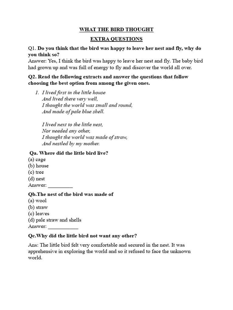 Extra Questions on "What a Bird Thought" | PDF