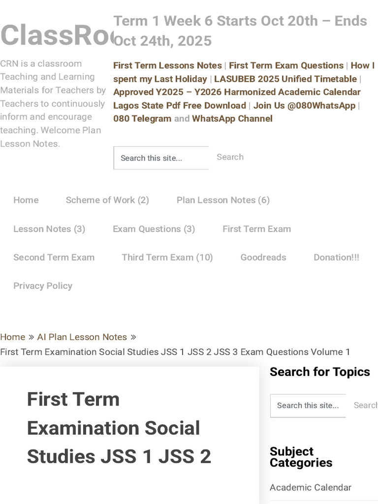 First Term Examination Social Studies JSS 1 JSS 2 JSS 3 Exam Que | PDF ...