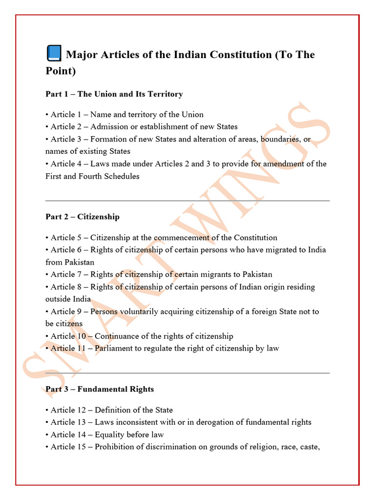Key Articles of the Indian Constitution | PDF | Governance | Political Law
