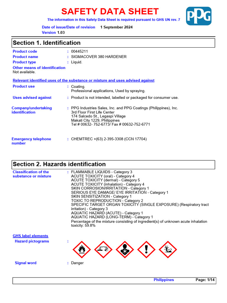 SDS S'Cover 380 Hardener | PDF | Toxicity | Occupational Safety And Health