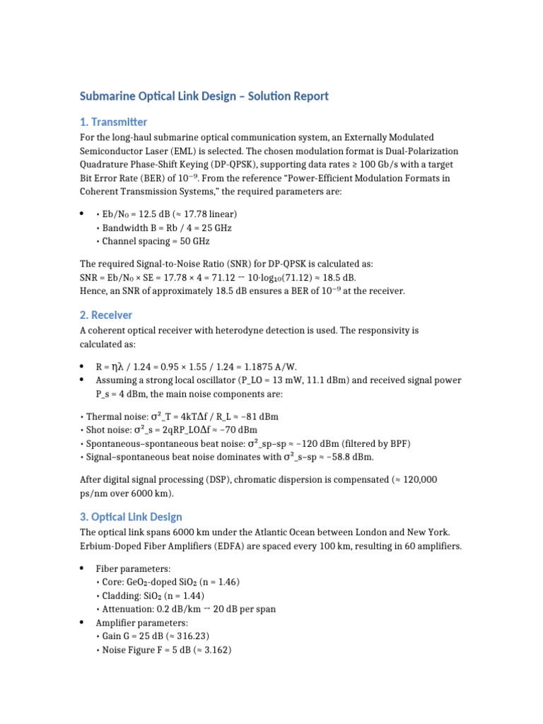 Submarine Link Design Report | PDF | Decibel | Fiber Optic Communication