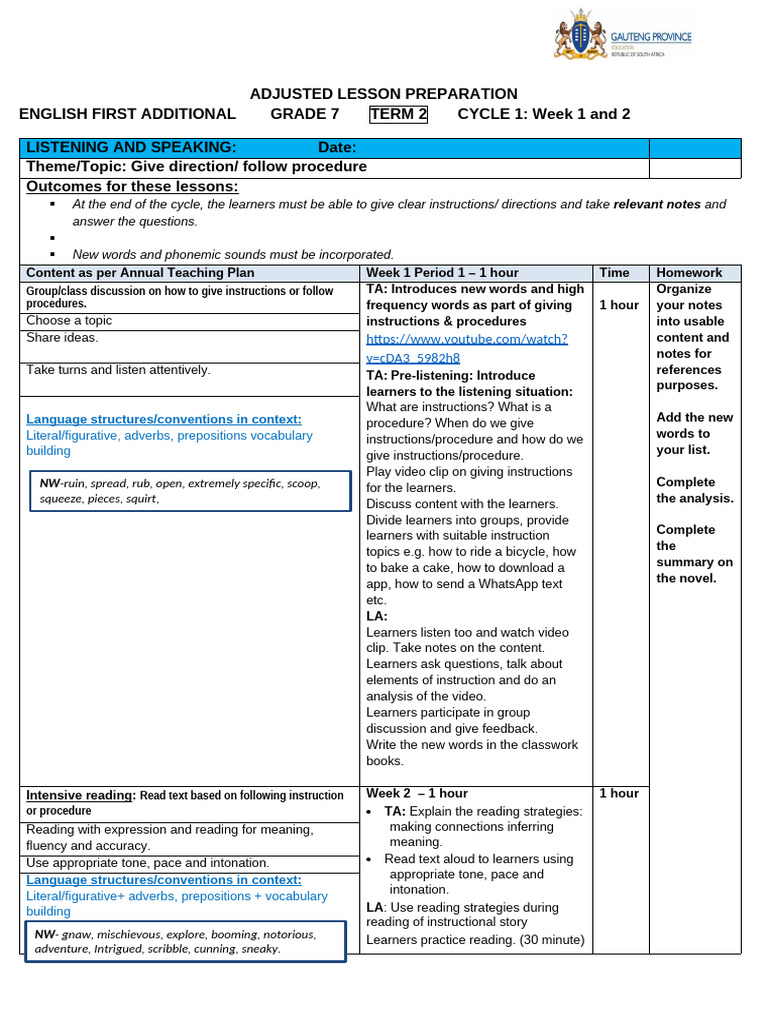 Grade 7 English Lesson Plan: Instructions | PDF | Poetry | Vocabulary