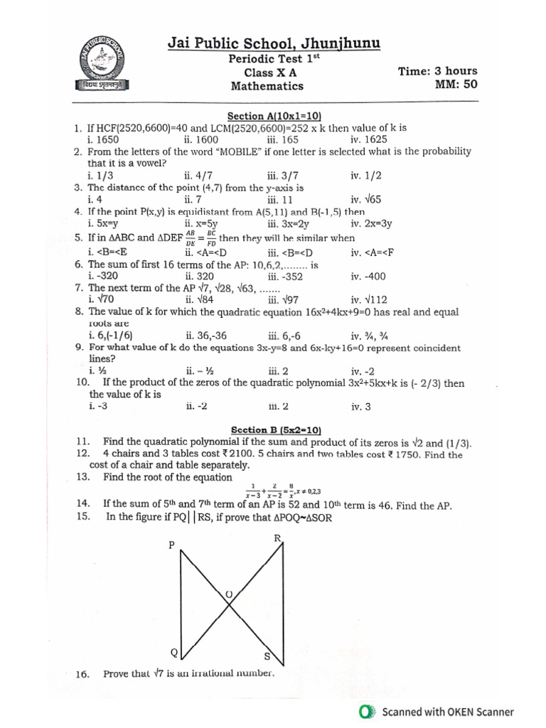 Periodic Test Maths Class 10th | PDF