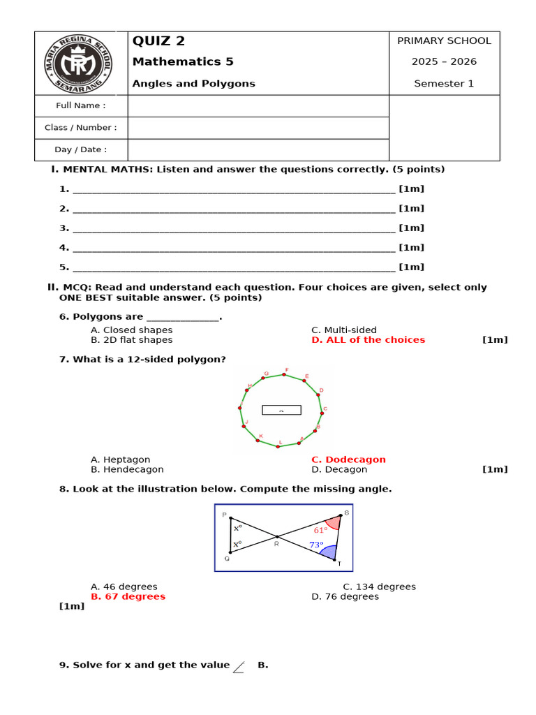 Primary School Math Quiz: Angles & Polygons | PDF | Polygon | Triangle