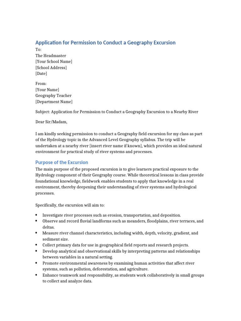Geography Excursion Permission Request | PDF | River | Hydrology