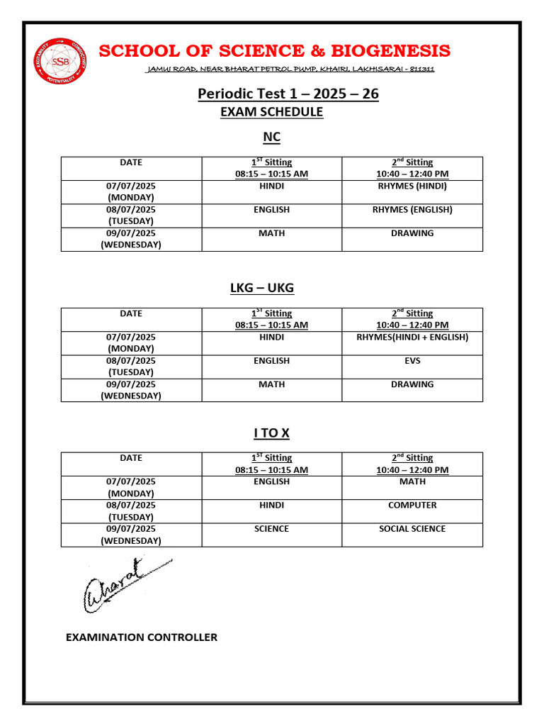 2025-26 Exam Schedule for LKG to X | PDF