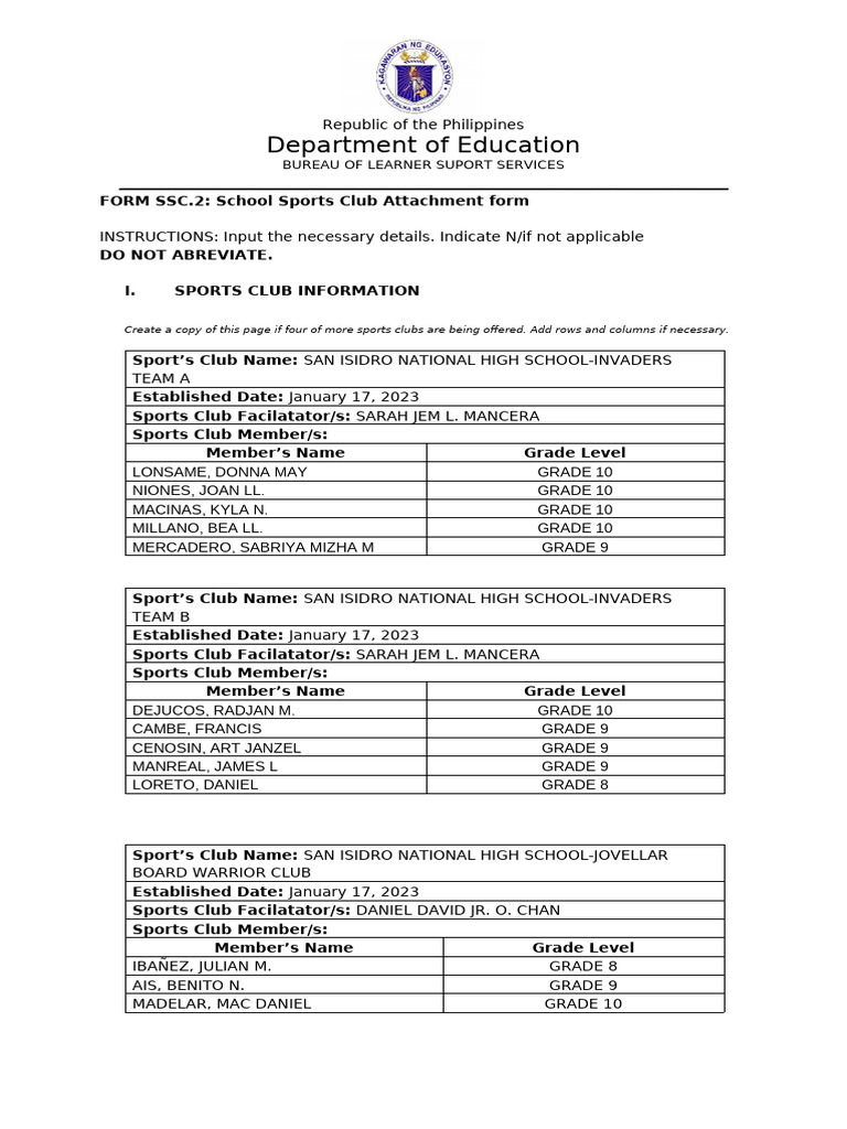 School Sports Club Attachment Form | PDF | Games Of Physical Skill ...