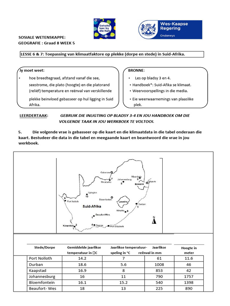 Lesplan - Graad 8 - GEO - Ligging Van Plekke Op Kaart en Klimaat - KW 2 ...