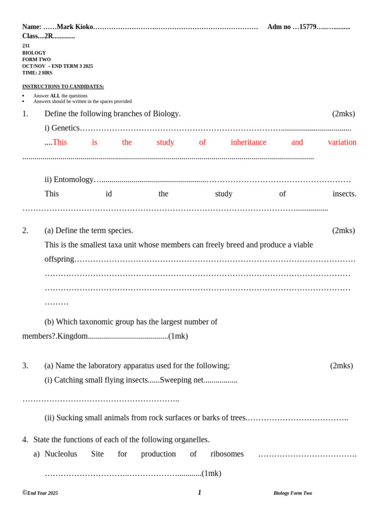 2025 Biology F2 QS End T3 S2 Teacher - Co - Ke | PDF | Skin | Digestion