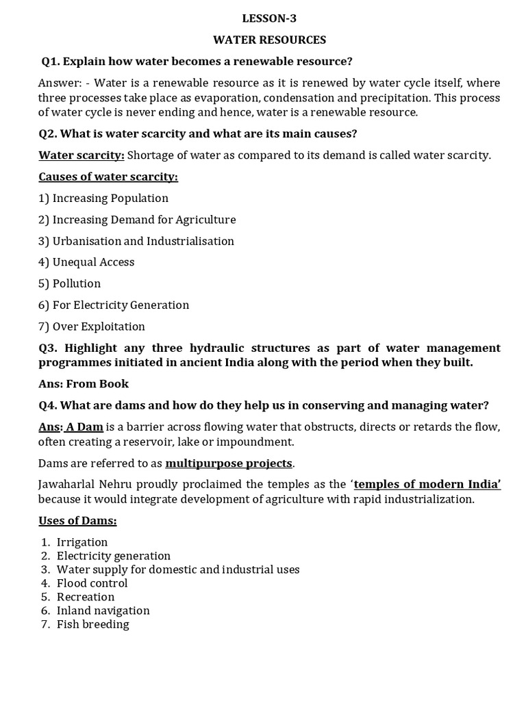 Geo Ch-3 Water - Resources (Notes, Qans, Map) | PDF | Water | Water ...