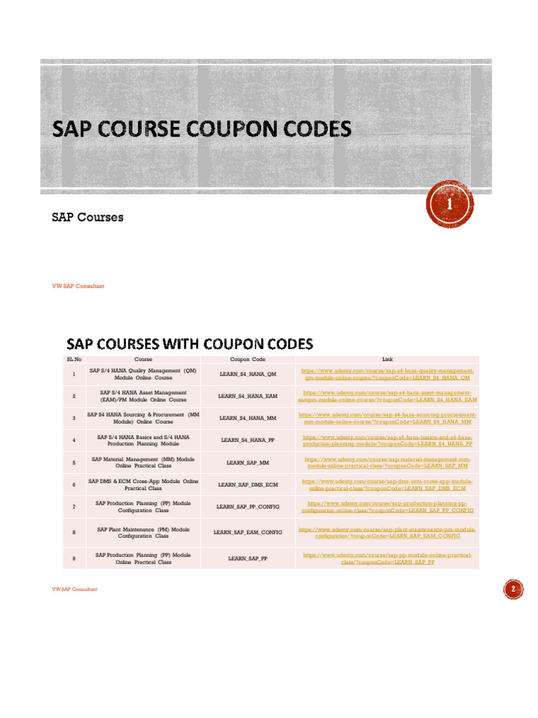 SAP Course Coupon Codes List | PDF | Sap Se