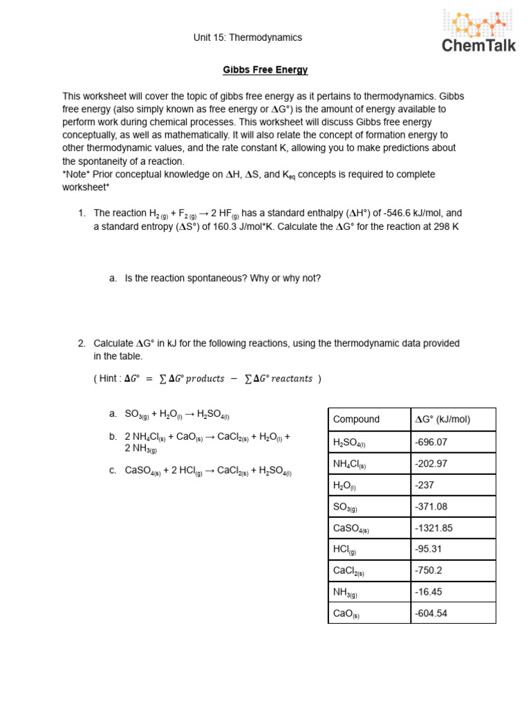 Unit 15 Gibbs Free Energy | PDF | Gibbs Free Energy | Chemical Equilibrium