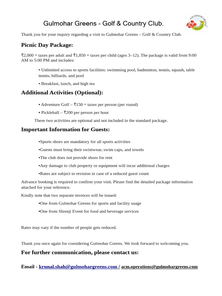 Gulmohar Greens Picnic Package Details | PDF | Lunch | Cuisine