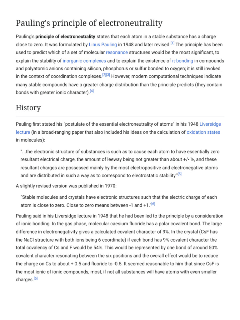 Pauling's Principle of Electroneutrality - Wikipedia | PDF | Chemical ...