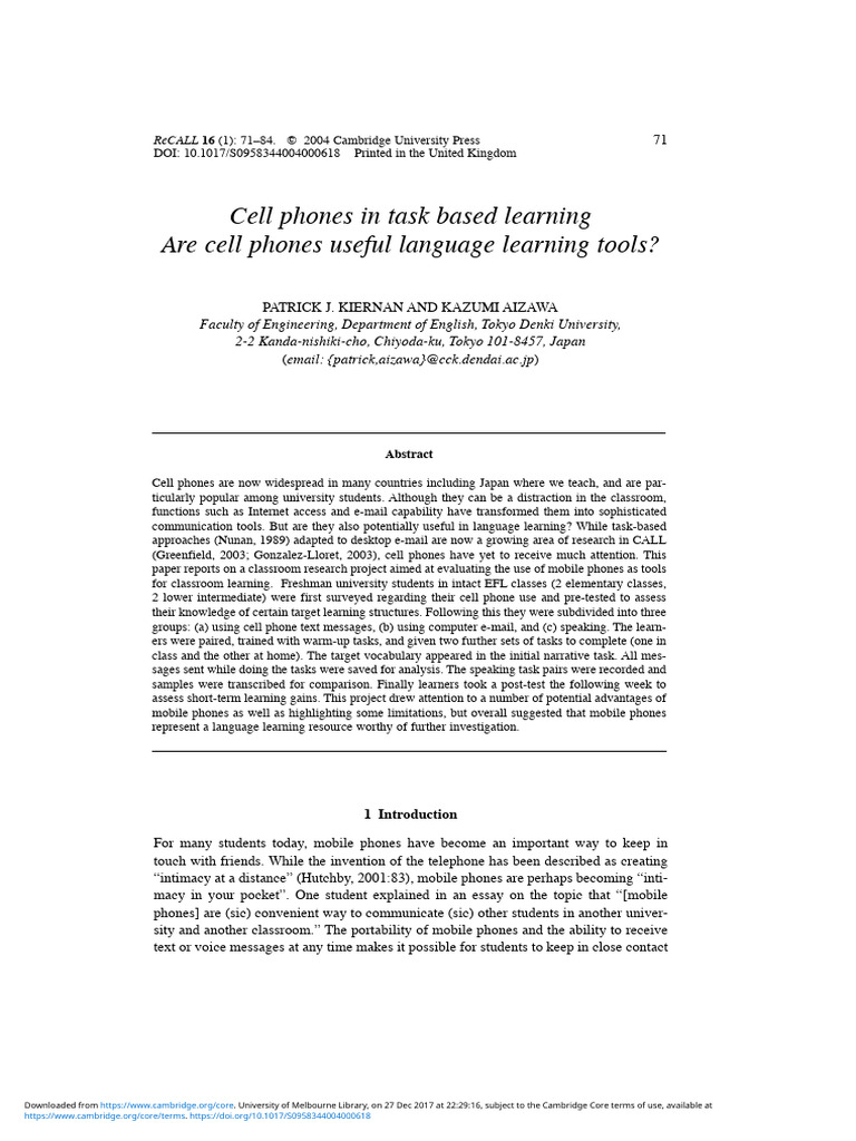 Cell Phones in Task Based Learning Are Cell Phones Useful Language Learning Tools | PDF | Second ...