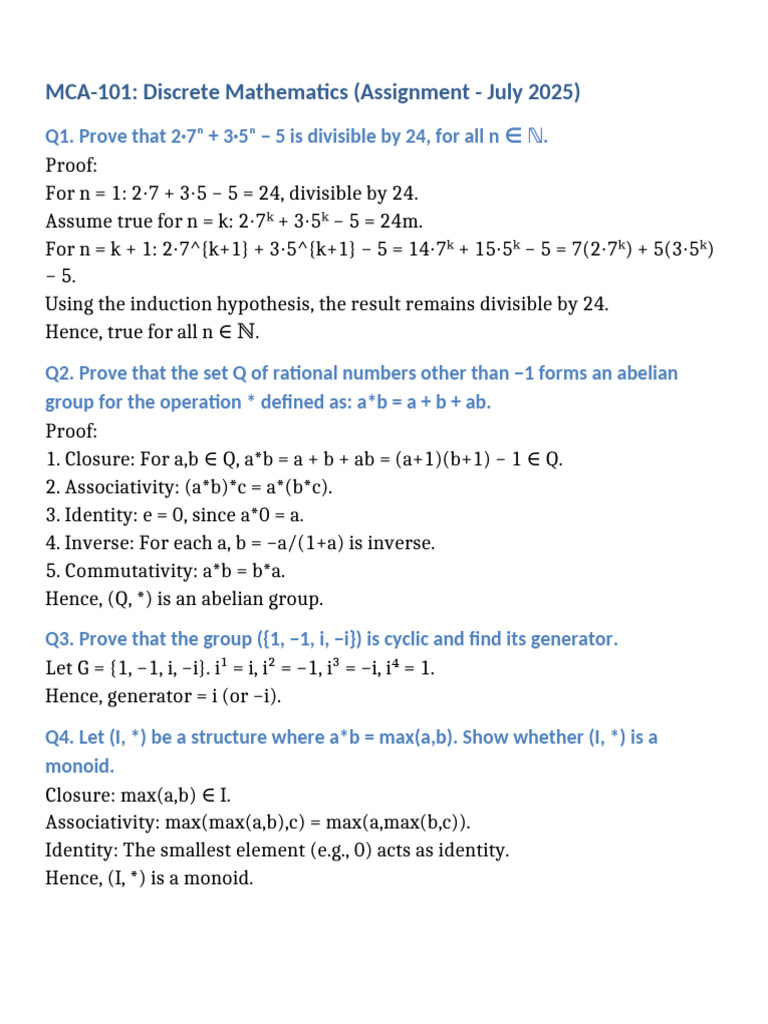 MCA 101 Discrete Mathematics Assignment | PDF | Group (Mathematics) | Mathematical Logic
