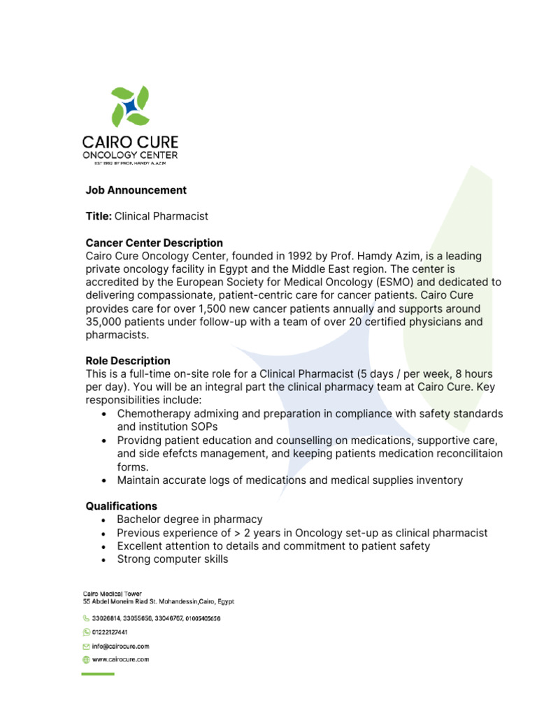 Clinical Pharmacist Job at Cairo Cure | PDF