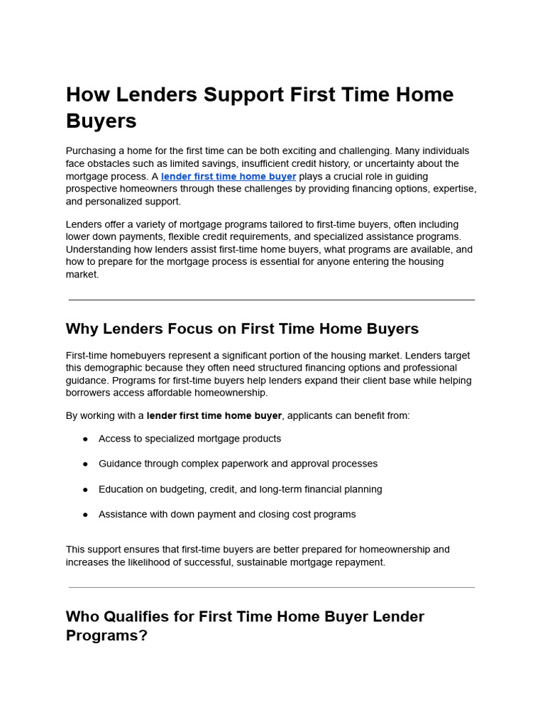 Lender Support for First-Time Home Buyers | PDF | Mortgages | Federal ...