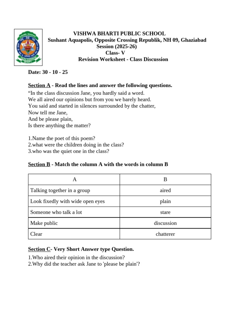 VB Class Discussion Worksheet | PDF