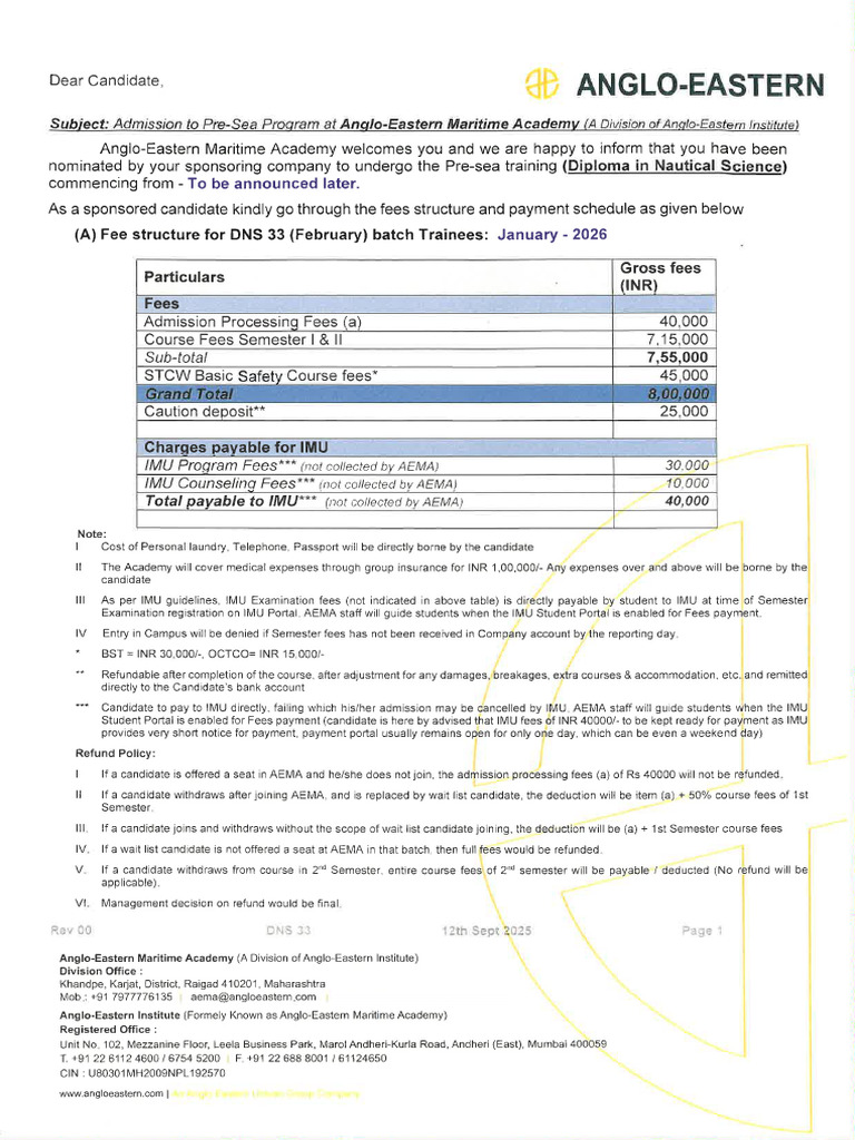 DNS 33 Fees Structure | PDF