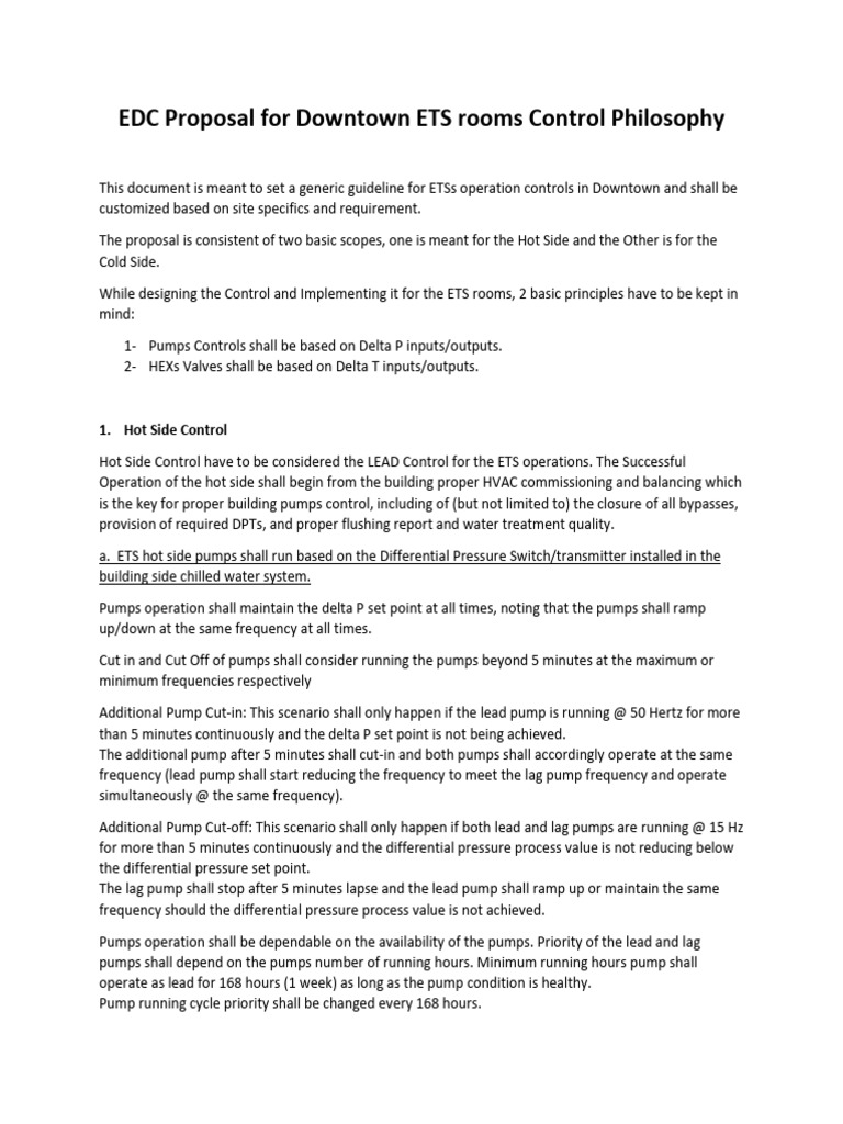 EDC Proposal for Downtown ETS Rooms Control Philosophy | PDF | Pump | Frequency