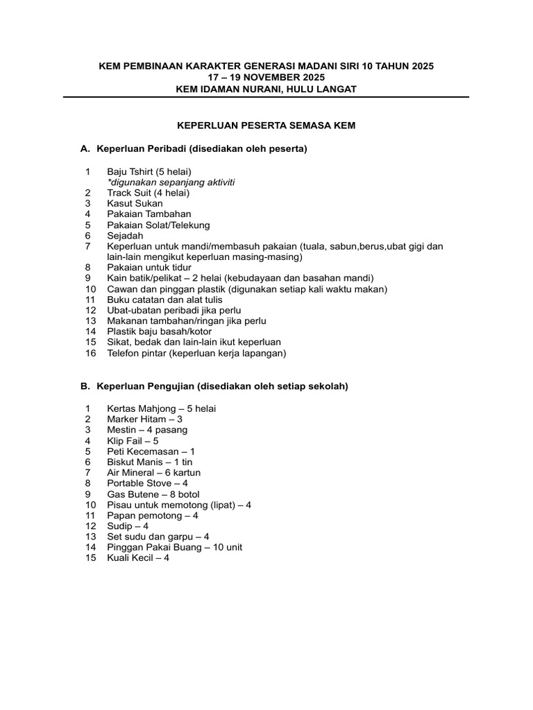 Keperluan Peserta Dan Sekolah Kem Madani | PDF