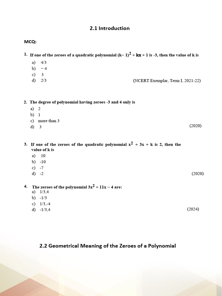 Class 10 Mathematics PYQS With Solution Chapter 2 Polynomials Ques Paper PDF | PDF | Zero Of A ...