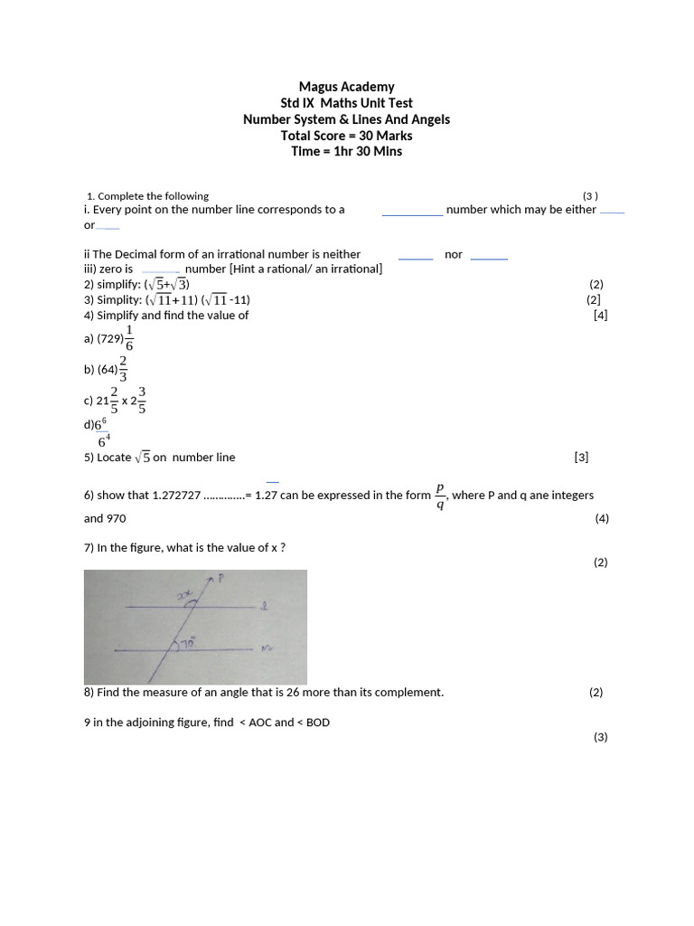 Maths Ix Unit Test First | PDF